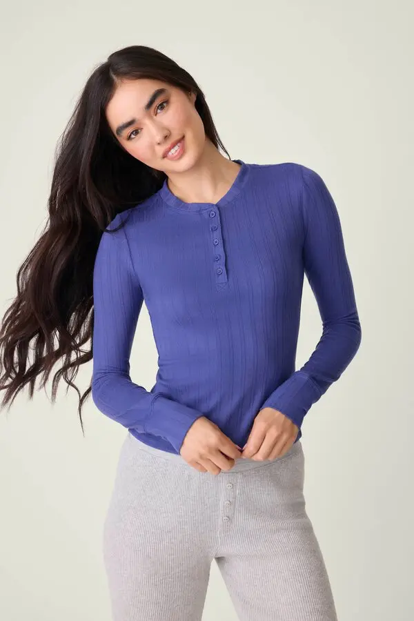 PJ Salvage Pointelle Long Sleeve Henley Top