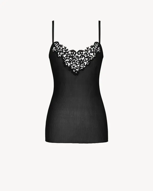 Saint Laurent Ribbed Silk Guipure Trim Tank Top
