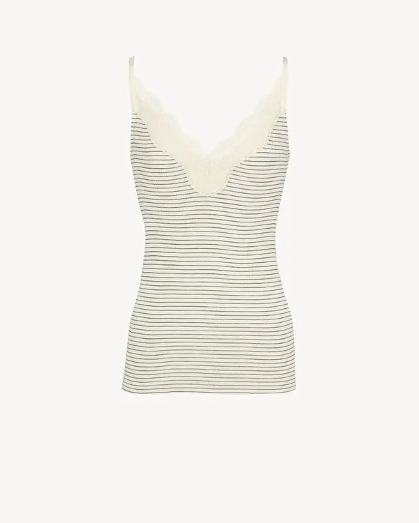 Saint Laurent Ribbed Wool And Silk Lace Trim Tank Top