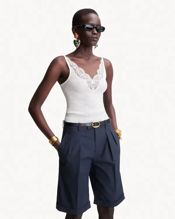 Saint Laurent Ribbed Wool And Silk Lace Trim Tank Top