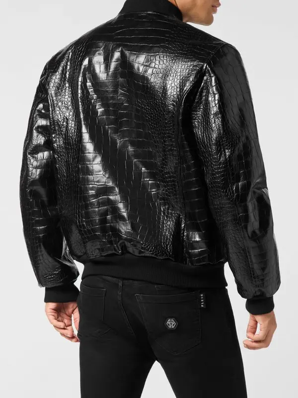 Philipp Plein Crocodile Print Leather Bomber Jacket