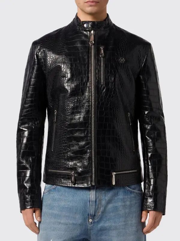 Philipp Plein Crocodile Print Leather Biker Jacket - Black