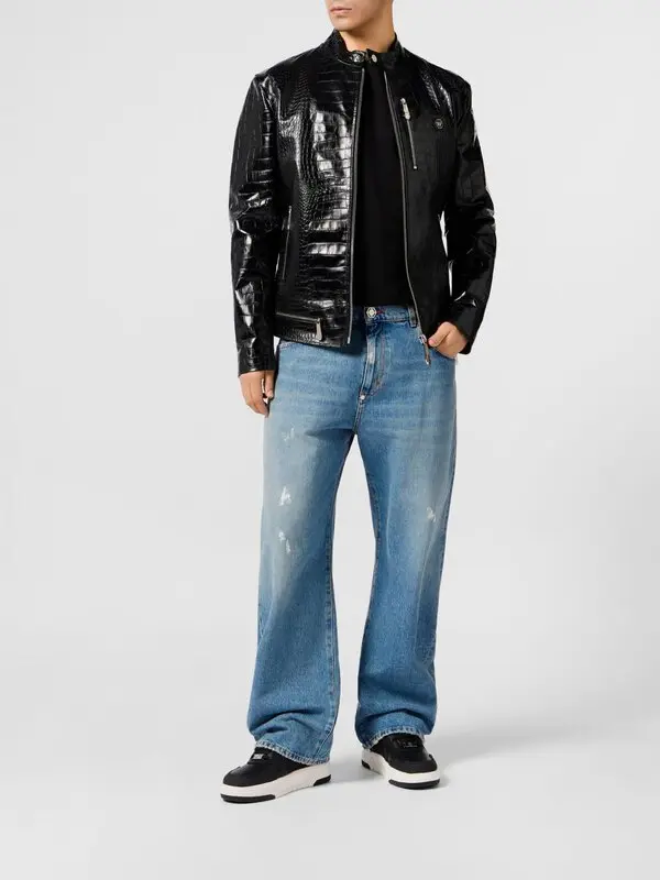 Philipp Plein Crocodile Print Leather Biker Jacket