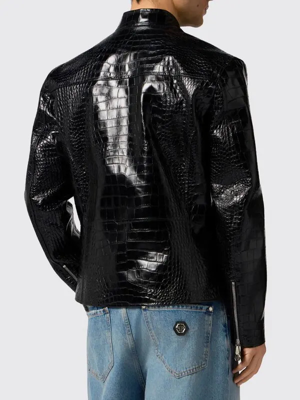 Philipp Plein Crocodile Print Leather Biker Jacket
