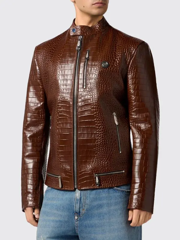 Philipp Plein Crocodile Print Leather Biker Jacket - Brown