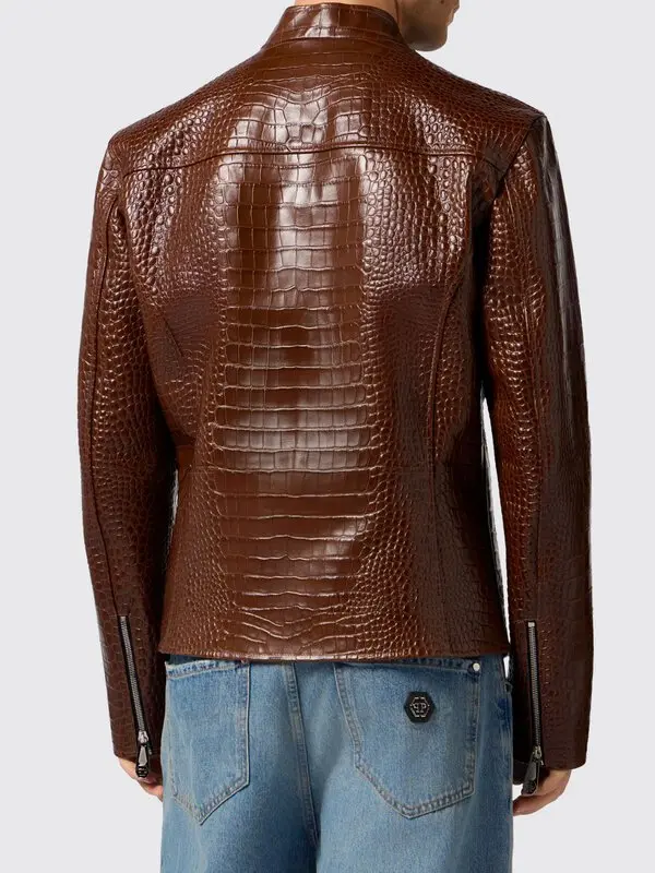 Philipp Plein Crocodile Print Leather Biker Jacket - Brown