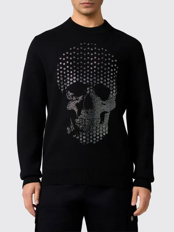 Philipp Plein Wool Crewneck Sweater With Rhinestone Skull Embellishment