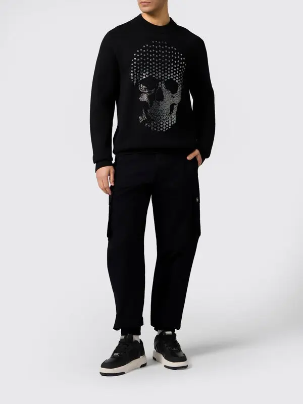 Philipp Plein Wool Crewneck Sweater With Rhinestone Skull Embellishment