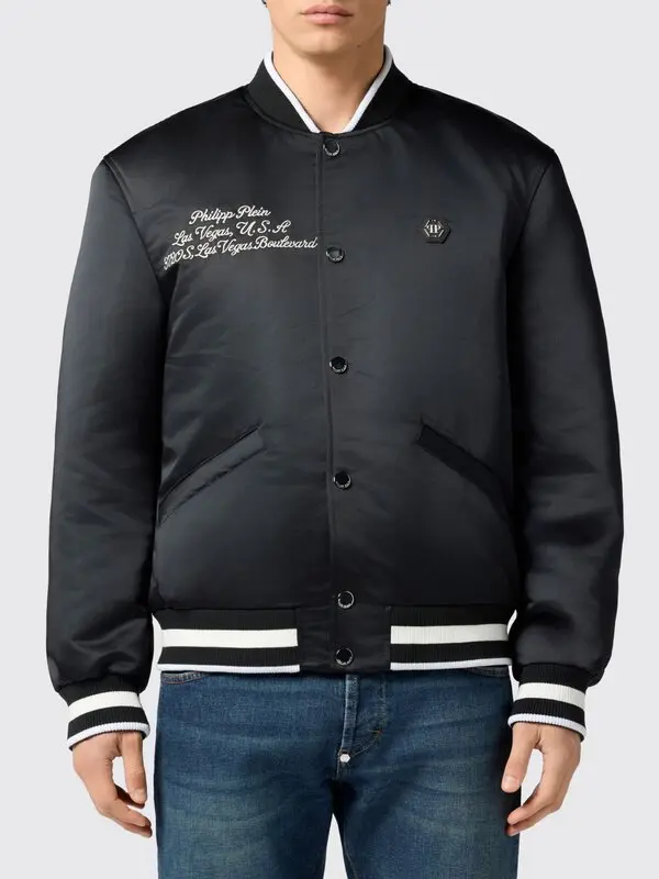 Philipp Plein Shiny Satin Varsity Padded Bomber Jacket - Black