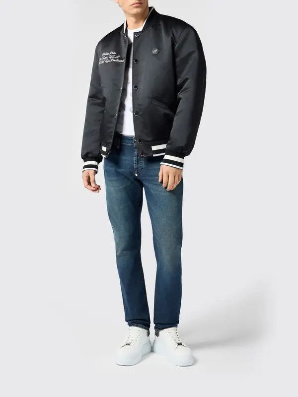 Philipp Plein Shiny Satin Varsity Padded Bomber Jacket