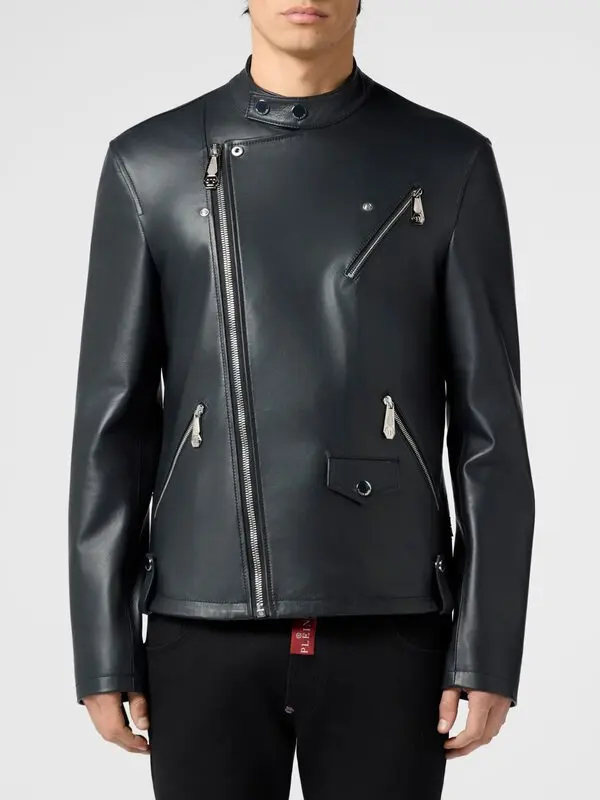 Philipp Plein Leather Biker Jacket - Black