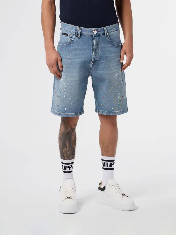 Philipp Plein Distressed Shorts With Paint Splatter - Denim