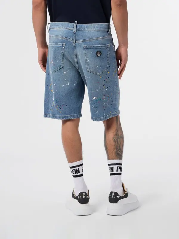 Philipp Plein Distressed Shorts With Paint Splatter - Denim