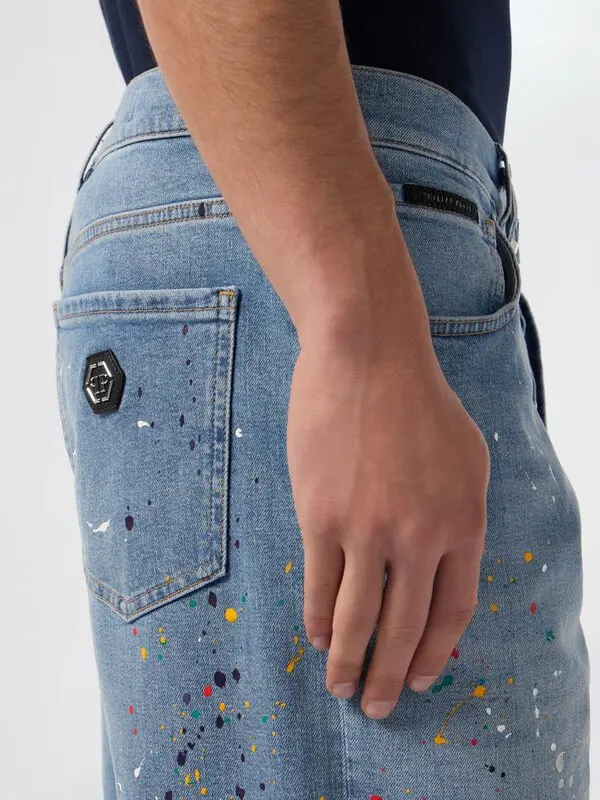 Philipp Plein Distressed Shorts With Paint Splatter - Denim