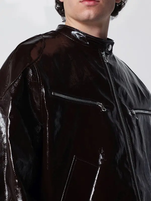 Séfr Relaxed Fit Leather Bomber Jacket With Biker Collar And Dropped Shoulders - Black