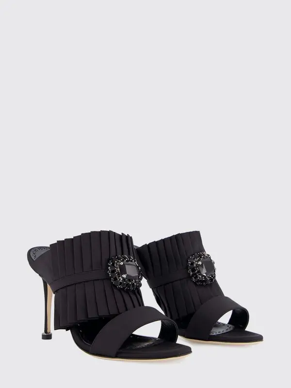 Manolo Blahnik Danteuil Pleated Silk Mules With Crystal Embellishment - Black