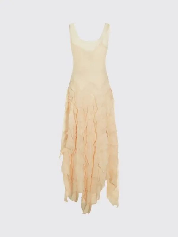 Blumarine Asymmetrical Midi Dress In Georgette With Ruffles And Thin Straps - Beige