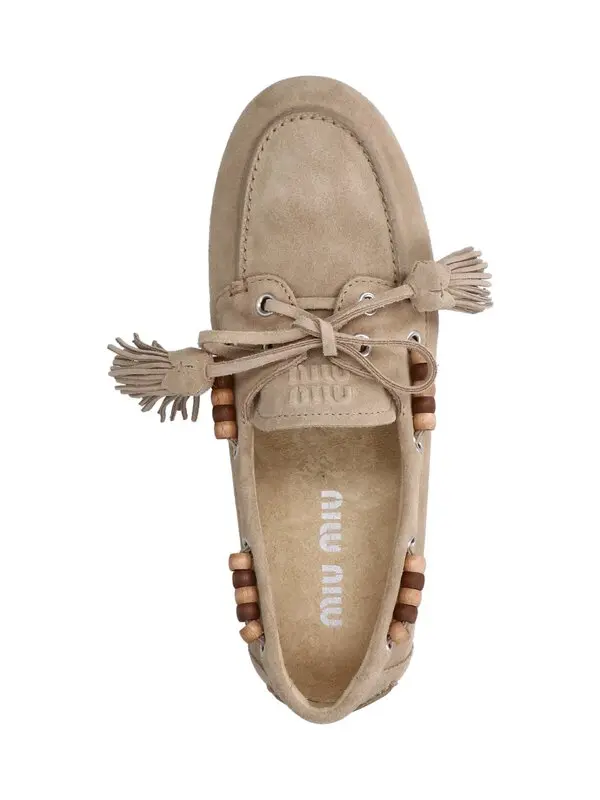 Miu Miu Suede Loafers With Wooden Bead Detailing - Beige