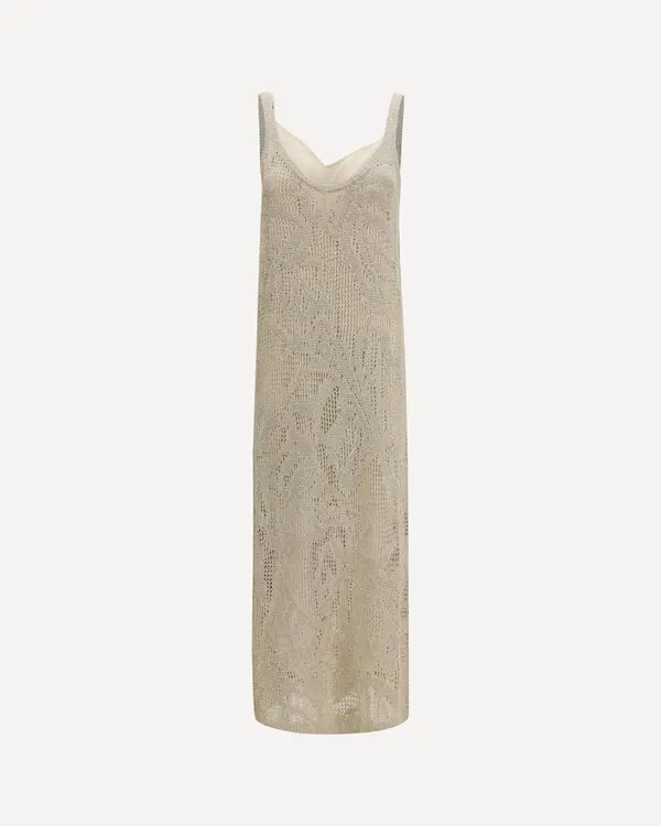 Brunello Cucinelli Openwork Floral Knit Maxi Dress - Beige