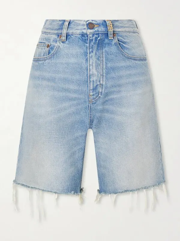 Chloé Medium Wash Frayed Denim Shorts - Blue