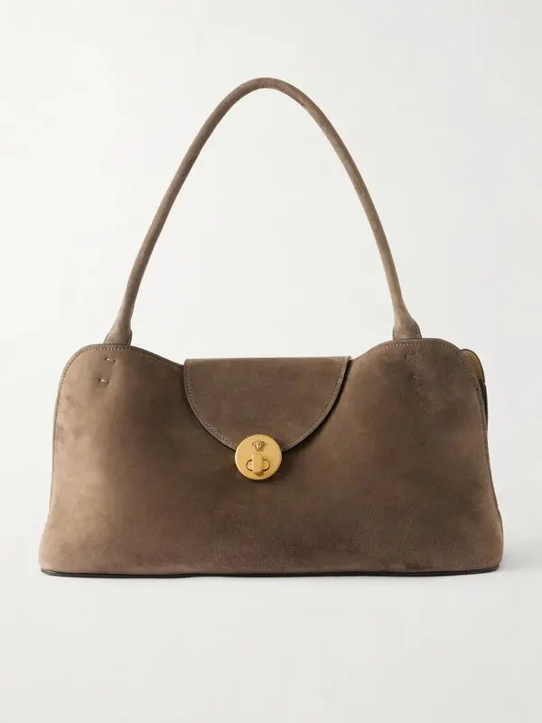 Versace Vivienne Logo-embellished Suede Shoulder Bag - Brown
