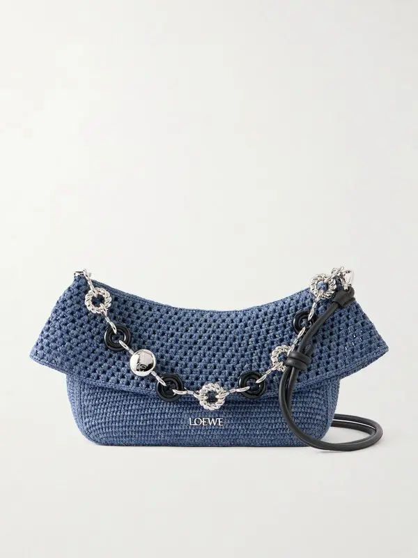 Loewe Ola Crocheted Raffia Shoulder Bag With Leather Trim - Blue