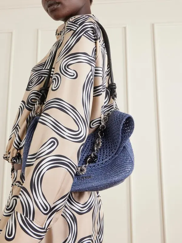 Loewe Ola Crocheted Raffia Shoulder Bag With Leather Trim - Blue