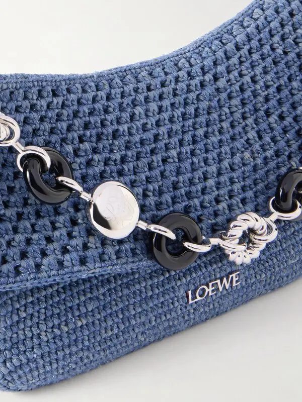 Loewe Ola Crocheted Raffia Shoulder Bag With Leather Trim - Blue