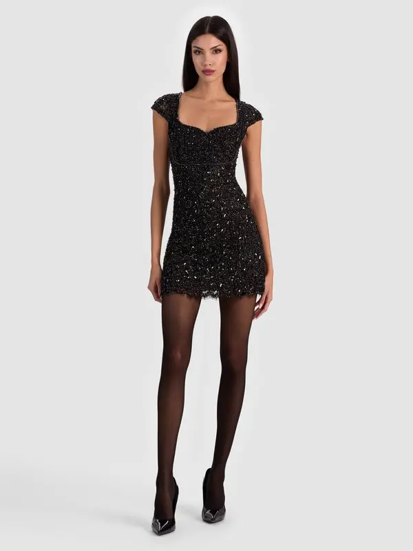 Alice + Olivia Eve Embellished Lace Mini Dress - Black