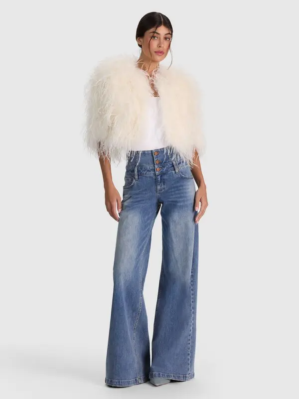 Alice + Olivia Kidman Feathered Cropped Jacket - Ecru