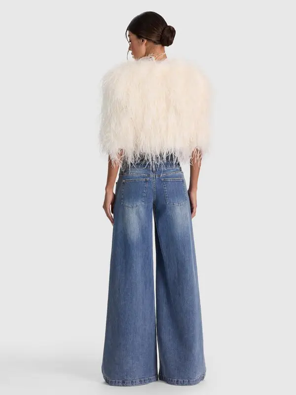 Alice + Olivia Kidman Feathered Cropped Jacket - Ecru