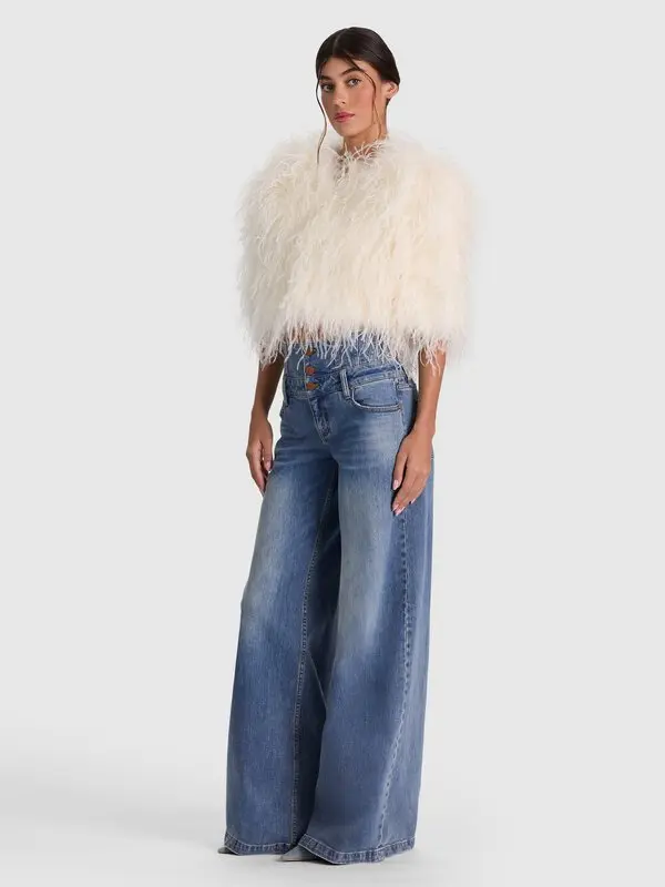 Alice + Olivia Kidman Feathered Cropped Jacket - Ecru