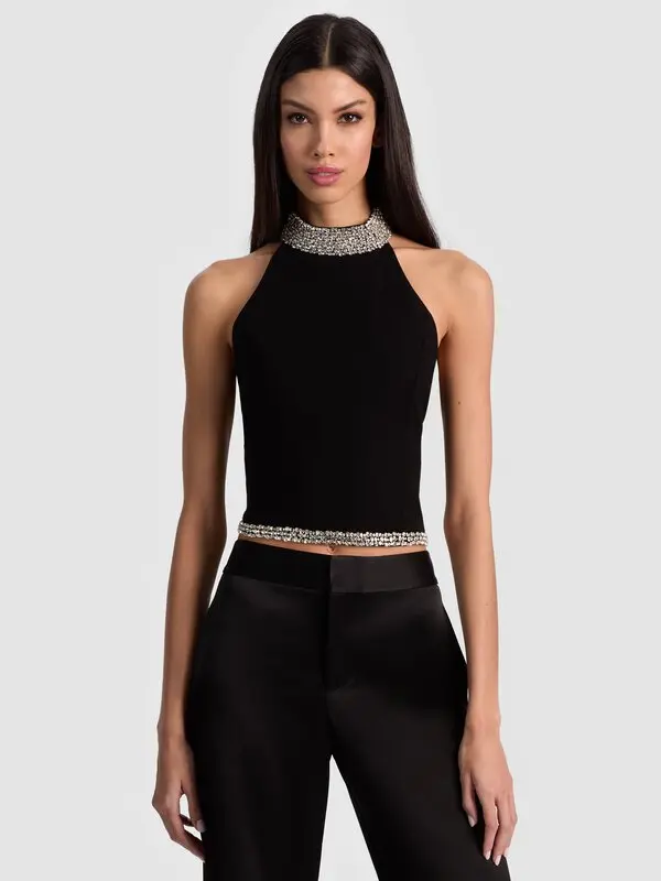 Alice + Olivia Gatz Embellished Halter Top - Black