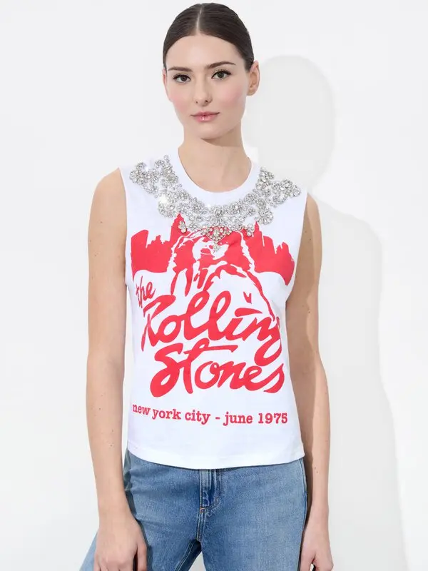 Alice + Olivia Embellished Graphic Muscle Tank - Off White Multi