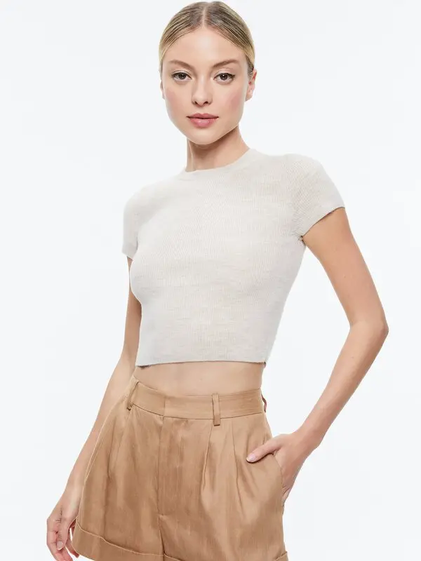 Alice + Olivia Ciara Pullover Ribbed Fine Knit Short Sleeve Top