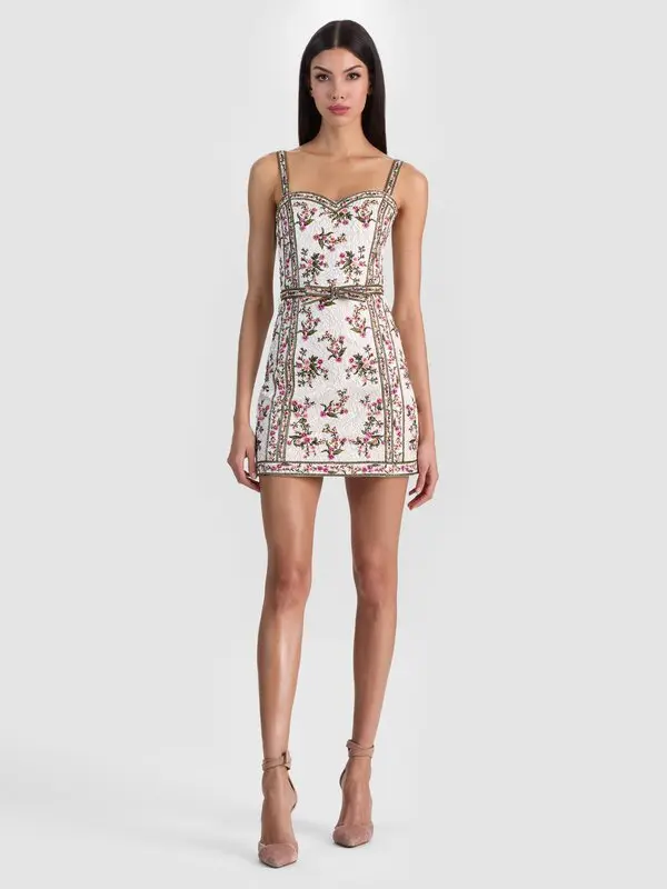 Alice + Olivia Katia Embroidered Mini Gown - Off White Multi