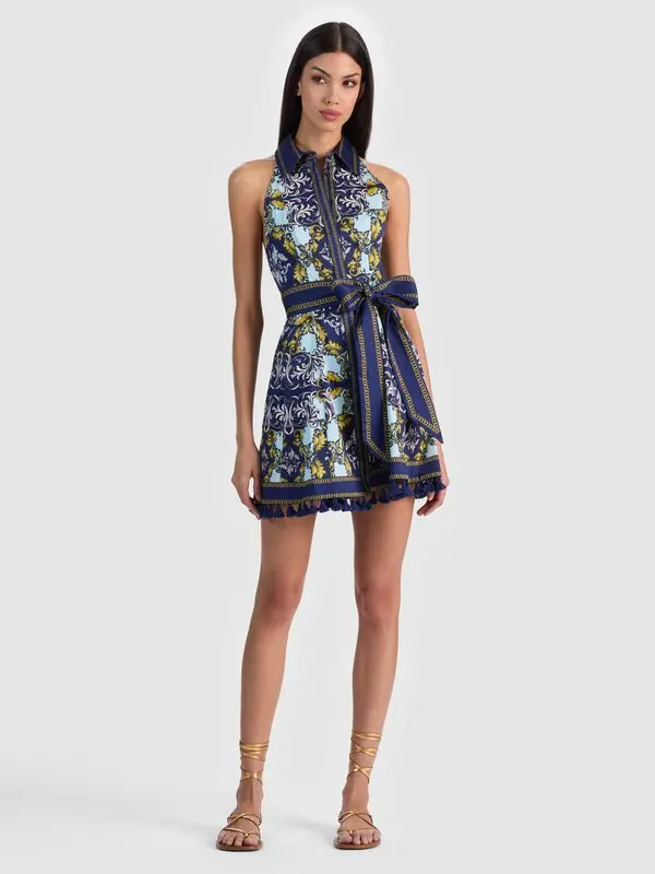 Alice + Olivia Sleeveless Mini Shirt Dress With Pom-pom Trim - Antique Scroll