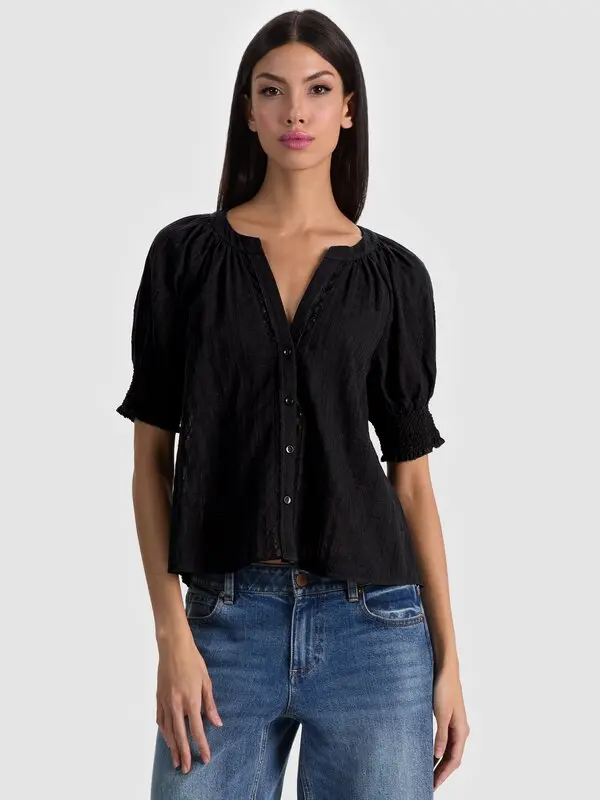 Alice + Olivia Thalia Embroidered Cotton Voile Puff Sleeve Blouse