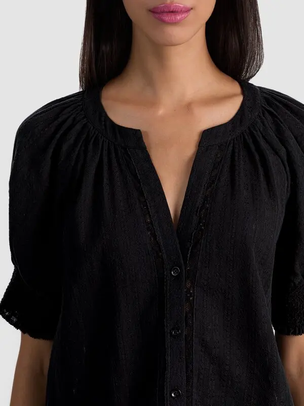 Alice + Olivia Thalia Embroidered Cotton Voile Puff Sleeve Blouse