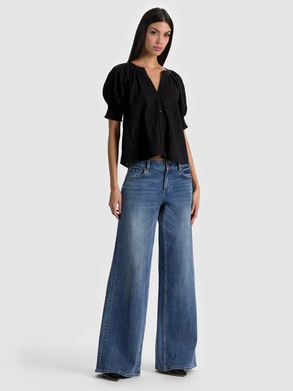 Alice + Olivia Thalia Embroidered Cotton Voile Puff Sleeve Blouse
