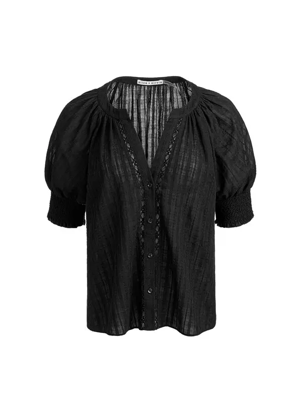Alice + Olivia Thalia Embroidered Cotton Voile Puff Sleeve Blouse