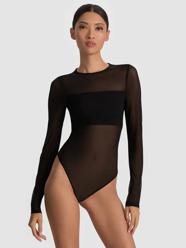 Alice + Olivia Mesh Long Sleeve Bodysuit - Black