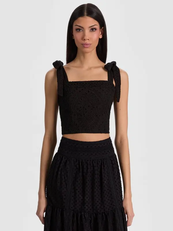 Alice + Olivia Marinda Embroidered Cropped Top With Tie Shoulders - Black