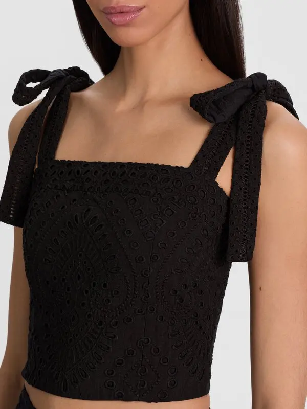 Alice + Olivia Marinda Embroidered Cropped Top With Tie Shoulders
