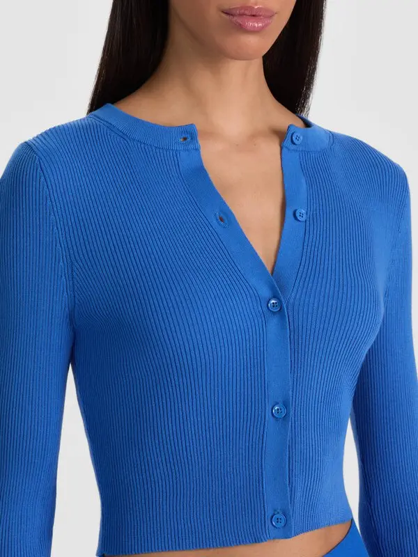 Alice + Olivia Carson Ribbed Knit Cropped Cardigan - Blue Iris