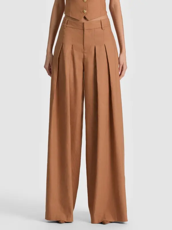 Alice + Olivia Blaire Pleated Linen Wide Leg Trousers - Tan