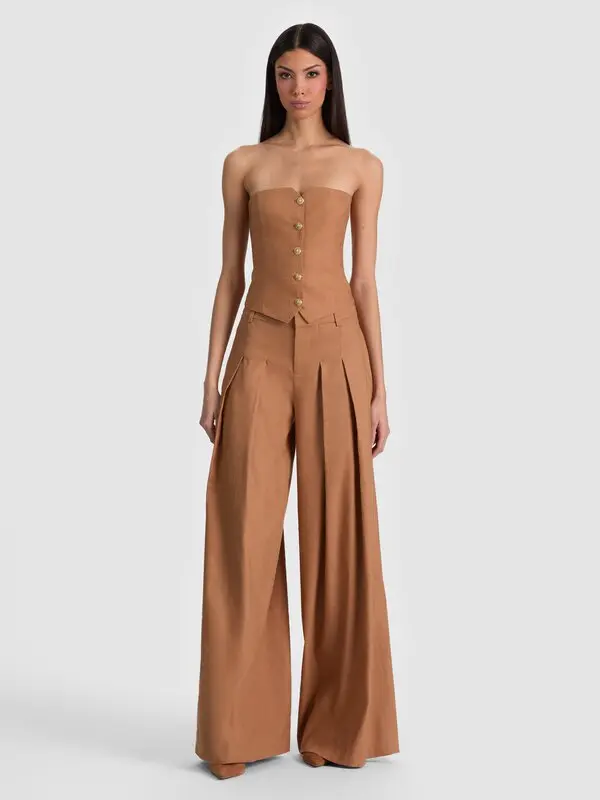 Alice + Olivia Blaire Pleated Linen Wide Leg Trousers - Tan