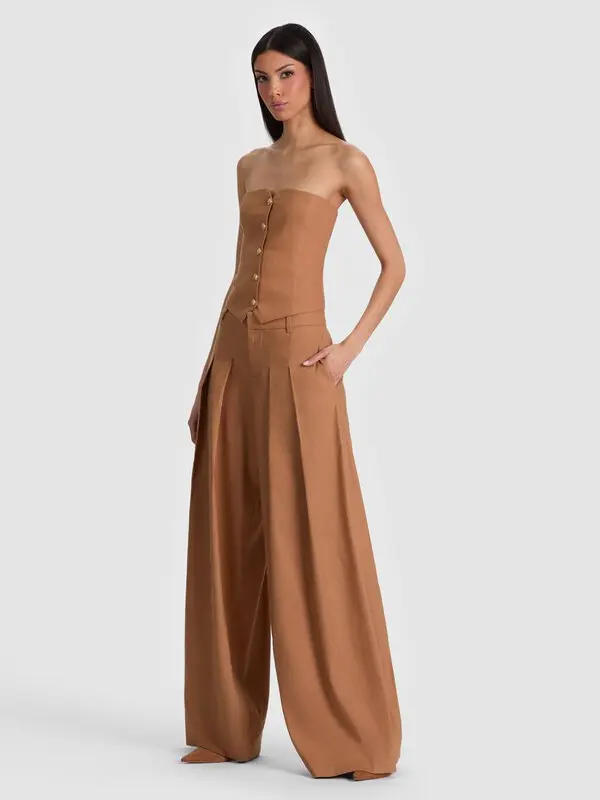 Alice + Olivia Blaire Pleated Linen Wide Leg Trousers - Tan
