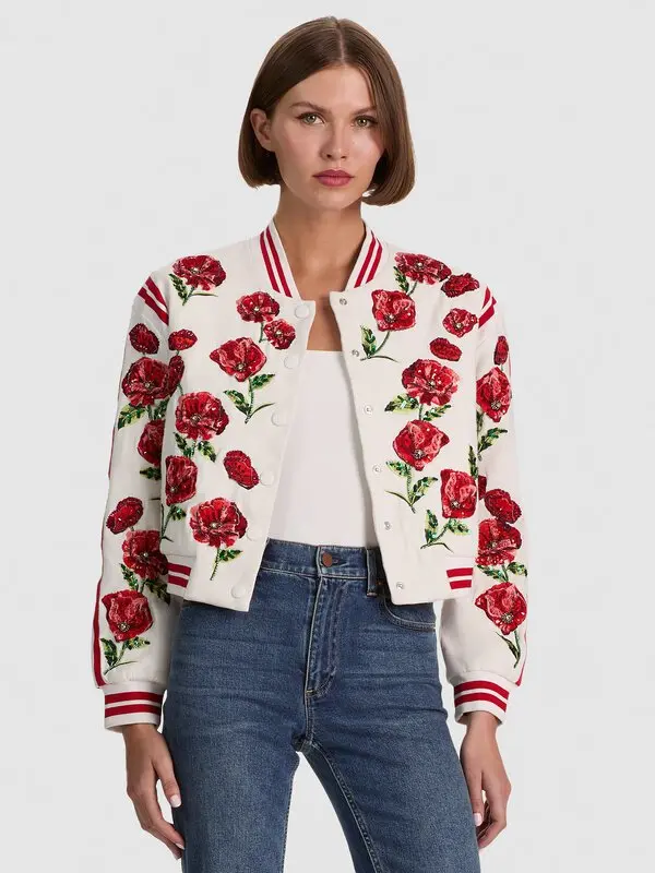 Alice + Olivia Embellished Floral Varsity Jacket - Summer Poppy