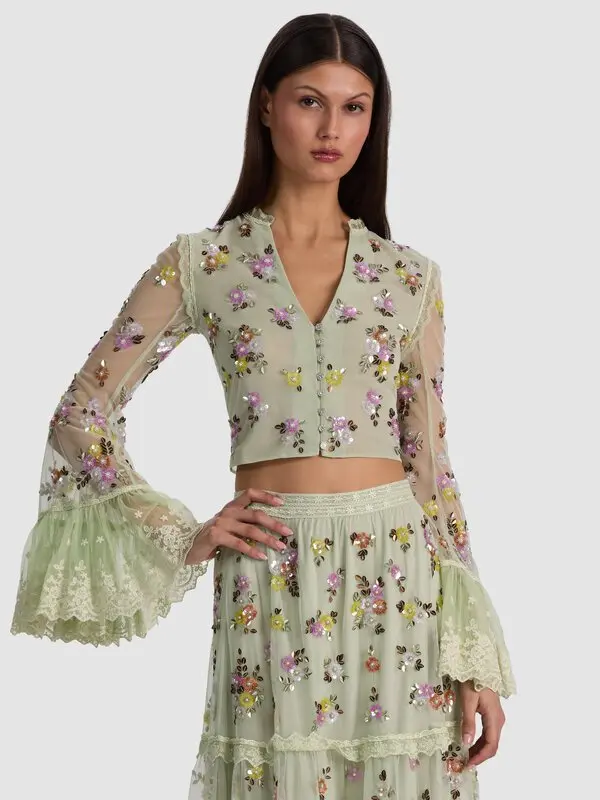 Alice + Olivia Allegra Embellished Ruffle Sleeve Cropped Top